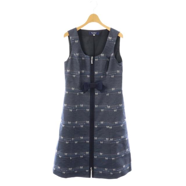 【中古】エムズグレイシー 25年製 リボン柄 ジップアップ デニムライクワンピース ノースリーブ ロング 38 紺 白