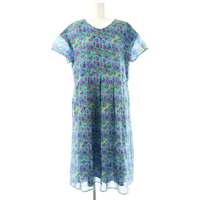 【中古】ホコモモラ JOCOMOMOLA 25SS Verde esmeralda リネンプリントワンピース ロング 半袖 40 ブルー グリーン