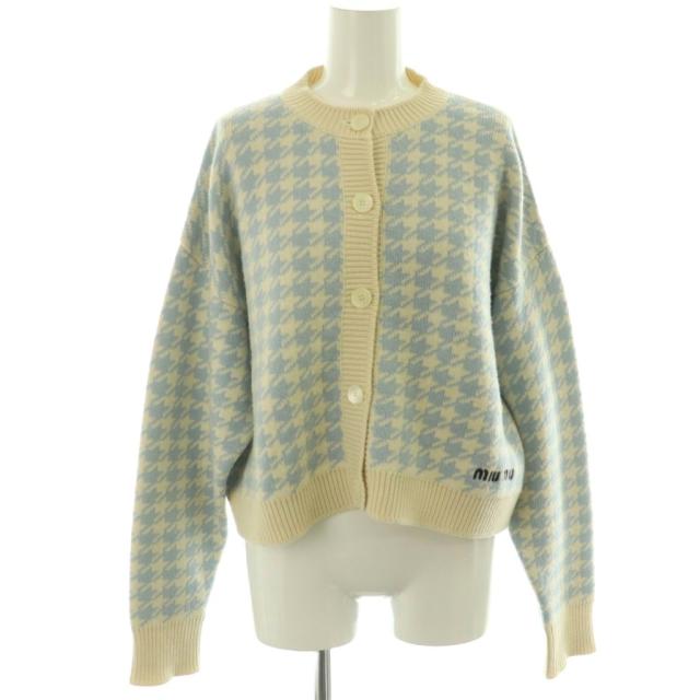 【中古】ミュウミュウ miumiu MMF651 カシミヤ ロゴ刺繍 千鳥格子 カーディガン ニット 長袖 38 水色 アイボリー