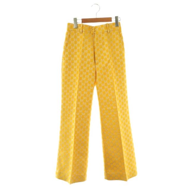 【中古】グッチ GUCCI ウール シルク GGジャガード フレアパンツ ワイド 36 イエロー シルバー色 527877 レディース