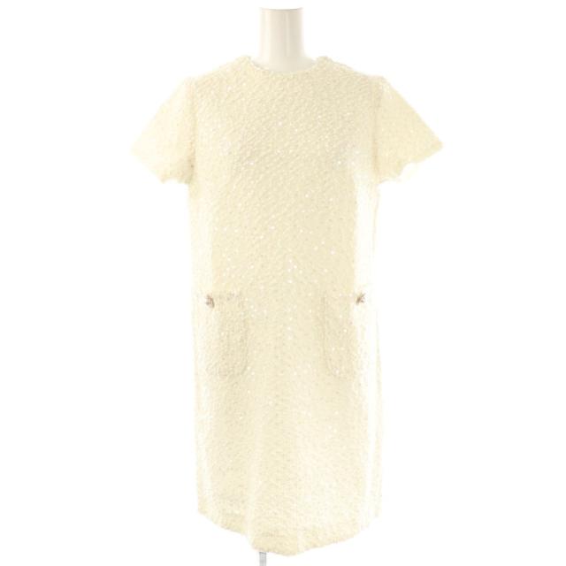 【中古】オブリ OBLI スパンコールツイードワンピース 半袖 ミニ ホワイト /ES ■OS レディース