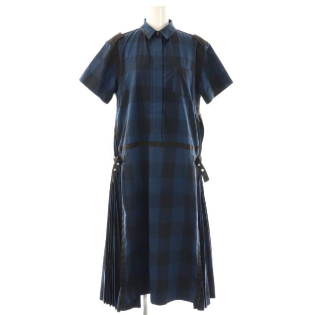 【中古】サカイ チェックコットンポプリンワンピース 半袖 ロング 2 ネイビー ブラック 20-05188 /DO ■OS