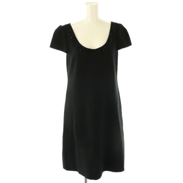【中古】フォクシー FOXEY ビーズ襟 キャップスリーブ ニットワンピース 膝丈 半袖 42 ブラック 28685 /HK ■OS