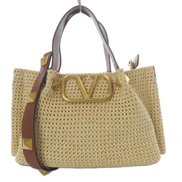 【中古】ヴァレンティノ ガラヴァーニ VALENTINO GARAVANI ラフィア ローマンスタッズ Vロゴ ハンドバッグ ナチュラル