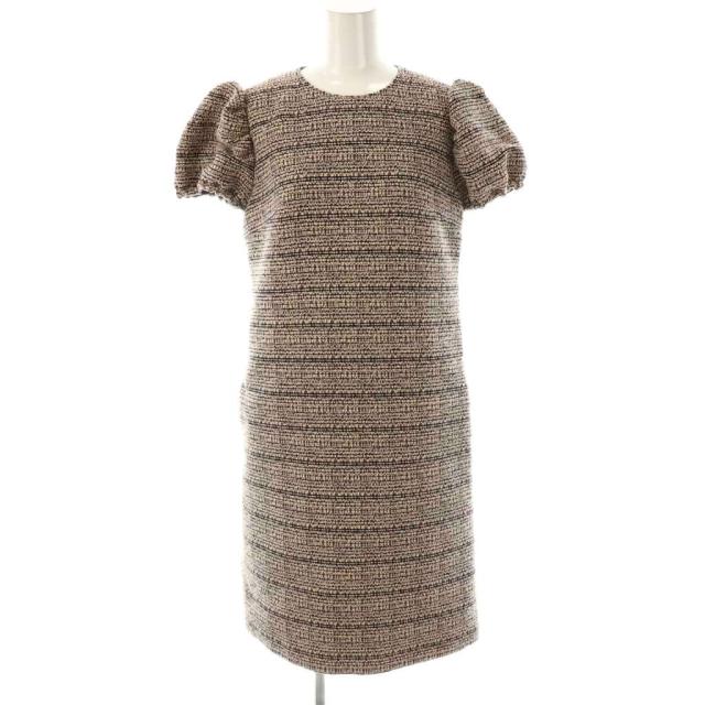 【中古】ルネ × TISSUE ツイードワンピース ひざ丈 半袖 36 ピンクベージュ ブラック 6246800 /DO ■OS