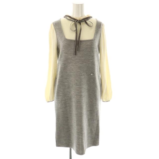 【中古】ルネ ボウタイレイヤードニットワンピース 長袖 ひざ丈 34 グレー アイボリー 6242100 /DO ■OS