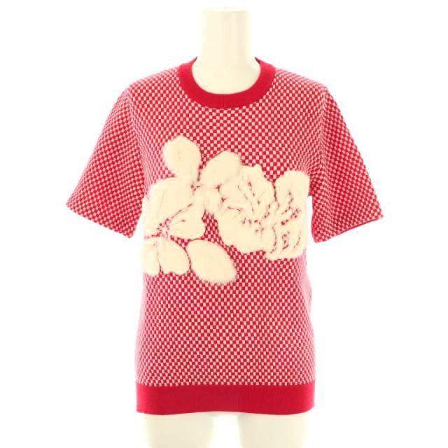 【中古】フェンディ FENDI ミンクファーフラワーデザイン半袖ニット セーター 38 レッド ホワイト レディース