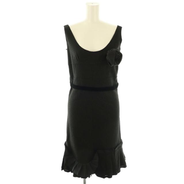 【中古】ニナリッチ NINA RICCI ノースリーブワンピース ウール フリル 34 ブラック 黒 コサージュ /CX ■OS