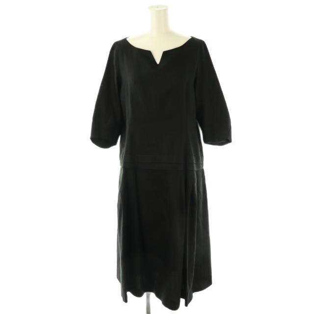 【中古】リゼッタ Lisette リネンシルクバックデザインボタンワンピース ミモレ ロング 七分袖 黒 ブラック