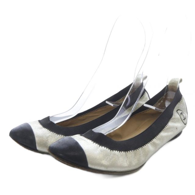 【中古】シャネル CHANEL バレエシューズ パンプス フラット ココマーク レザー 35.5 シルバー色 ブラック