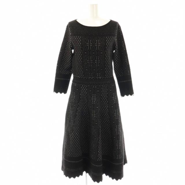 【中古】アナイ ニットバイカラーレースジャガードフレアワンピース 長袖 ロング 38 ブラック ホワイト /DO ■OS