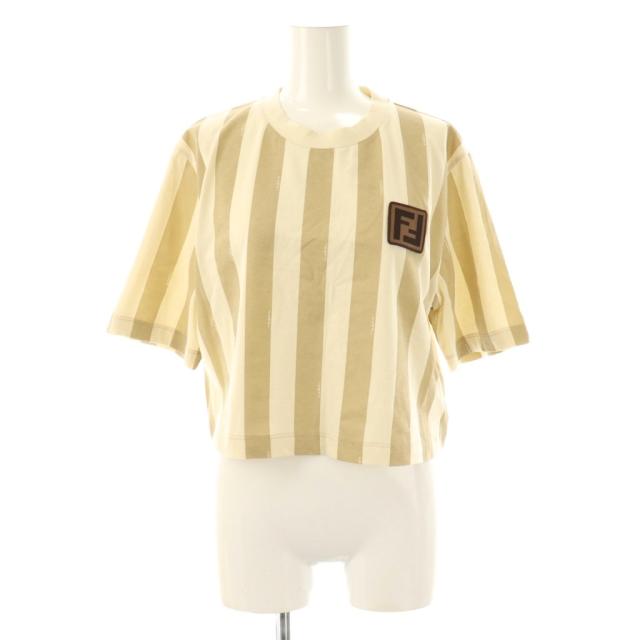 【中古】フェンディ FENDI 24SS ペカン コットン Tシャツ カットソー ストライプ M ベージュ アイボリー FS9662