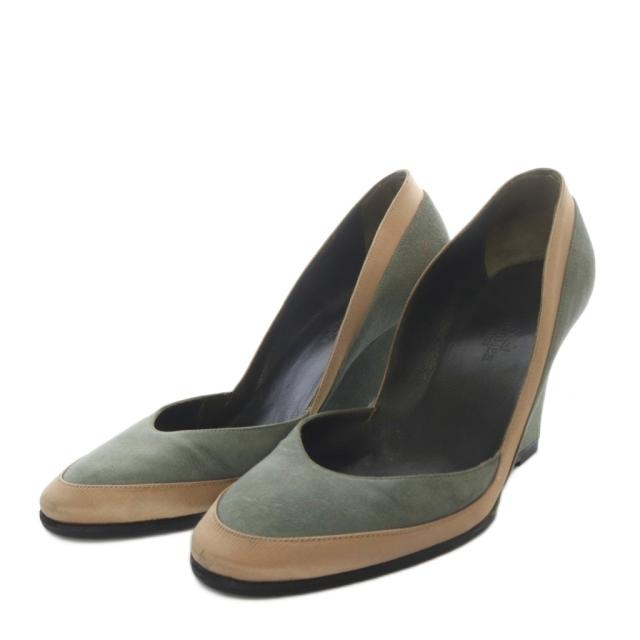 【中古】エルメス HERMES パンプス ウェッジソール スエード 37 カーキ /YO14 レディース