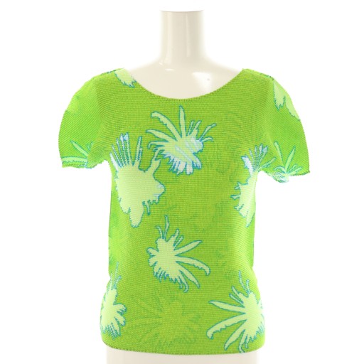 【中古】ミーイッセイミヤケ me ISSEY MIYAKE 半袖カットソー 黄緑 ライムグリーン 青 総柄 花柄 /CX ■OS レディース