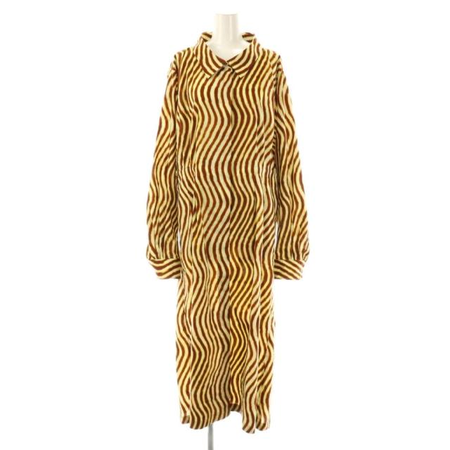 【中古】ドリスヴァンノッテン Len Lye 総柄 シャツワンピース 長袖 ロング コットン 38 オフホワイト 黄色 茶