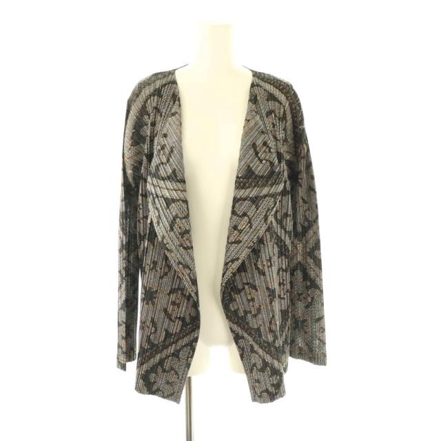 【中古】プリーツプリーズ イッセイミヤケ ダマスク 総柄 カーディガン ジャケット プリーツ 3 ブラック グレー