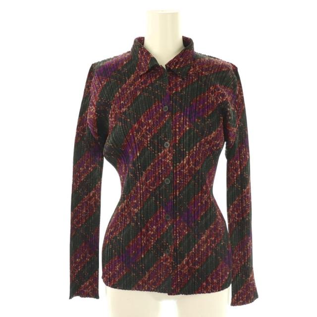 【中古】プリーツプリーズ PLEATS PLEASE イッセイミヤケ チェック柄プリーツシャツ 長袖 3 マルチカラー