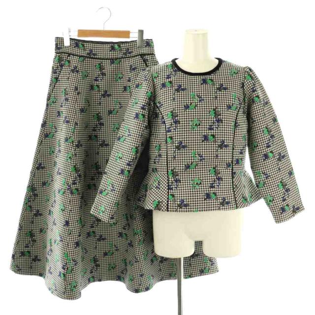 【中古】チェスティ フラワーハウンドトゥースセットアップ カットソー 七分袖 フレアスカート ロング 1 ブラック