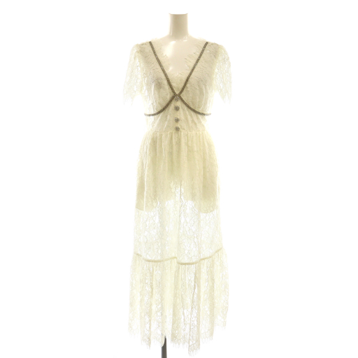 【中古】セルフポートレイト IVORY ORGANIC COTTON LACE DIAMANTE TRIM MIDI DRESS ワンピース UK8 ホワイト
