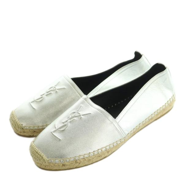 【中古】サンローラン パリ エンボスドレザーエスパドリーユ スリッポン 37 23.5cm シルバーカラー LK 458573