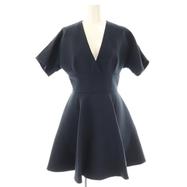 【中古】クリスチャンディオール Christian Dior カシュクール半袖ワンピース 膝丈 ウール シルク混 34 紺