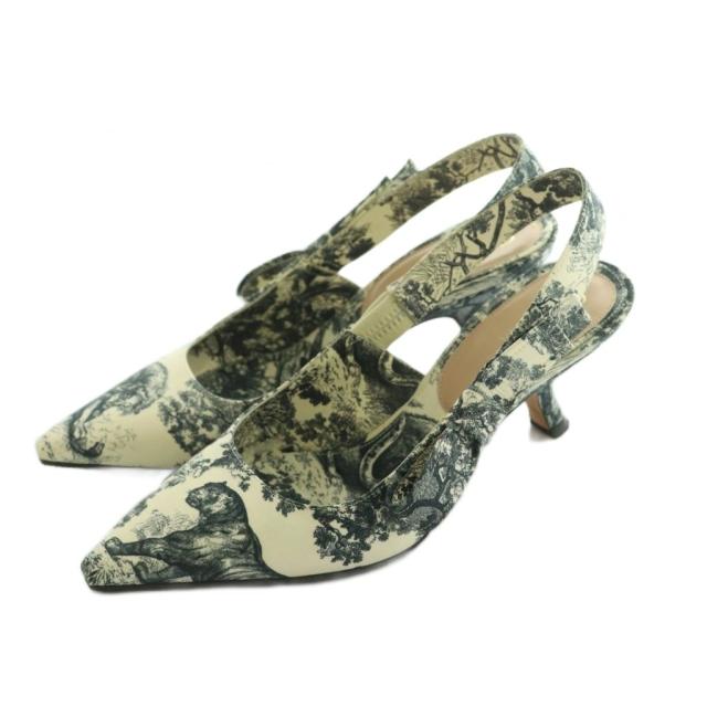 【中古】クリスチャンディオール toile de jouy パンプス 総柄 リボン ストラップ 35 22.0cm アイボリー グレー