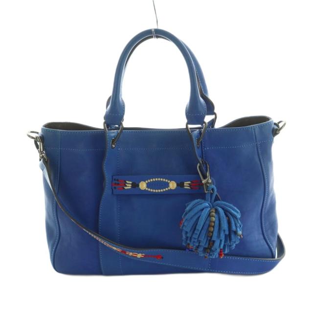 【中古】ロンシャン 2018年限定 マサイ 2way フリンジ トートバッグ ショルダーバッグ レザー 刺繍 青 レディース
