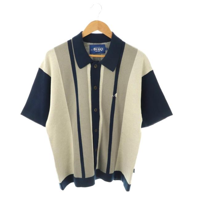 【中古】アウェイクニューヨーク AWAKE NY 24SS KNIT CAMP COLLAR ニット シャツ 半袖 L グレー ネイビー ホワイト