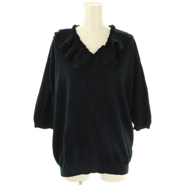【中古】ドゥロワー Drawer 18GコットンVネックフリルニット カットソー 五分袖 1 ブラック /HK ■OS ■SH レディース