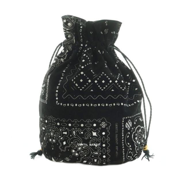 【中古】ジャンティバンティ 巾着バッグ スエード バンダナ柄 ペイズリー柄 黒 ブラック シルバーカラー レディース