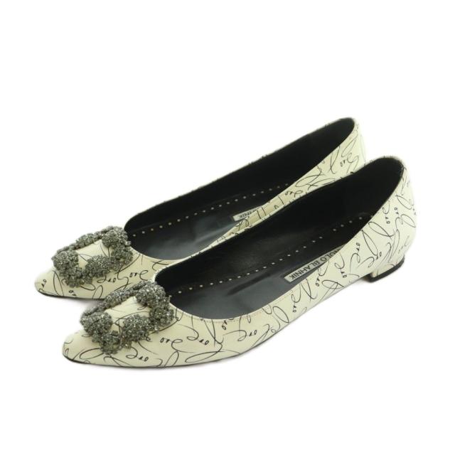 【中古】マノロブラニク LOVE SCRIPT HANGISI フラットパンプス ポインテッドトゥ ラインストーン 36.5 23.5cm 白 黒