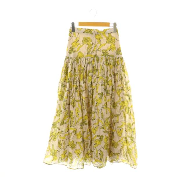 【中古】マリハ 花の香りボタニカルプリントスカート ロング フレア 36 モカ イエロー ブラック /DO ■OS