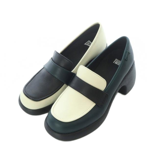 【中古】カンペール ツインズ ヒールローファー レザー 本革 37 23.4cm 黒 ブラック 白 ホワイト 深緑 K201292-023