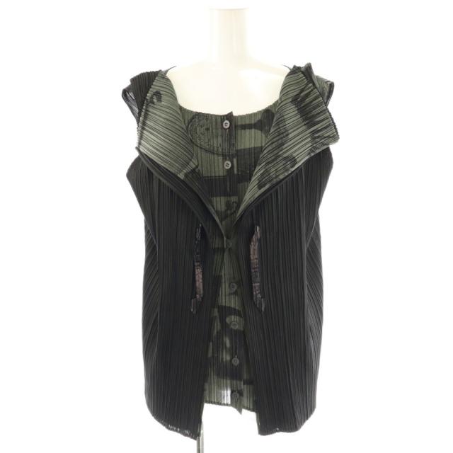 【中古】プリーツプリーズ イッセイミヤケ 食器柄 食器棚モチーフ ノースリーブ 変形シャツ 3 黒 ブラック グレー