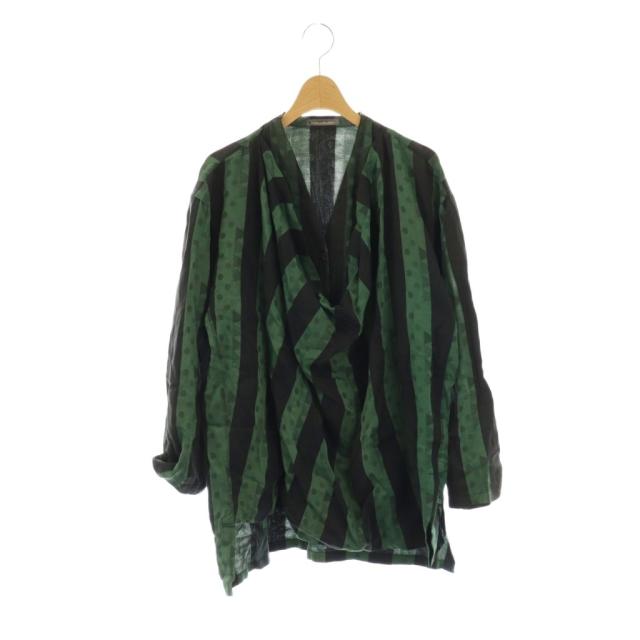 【中古】イッセイミヤケ ISSEY MIYAKE 筆タグ ストライプ 変形 長袖 カットソー 総柄 9 グリーン ブラック /HK ■OS