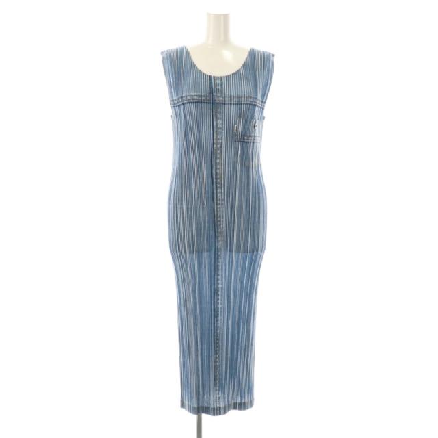 【中古】プリーツプリーズ ノースリーブワンピース ロング プリーツ 4 ライトブルー ブラウンベージュ