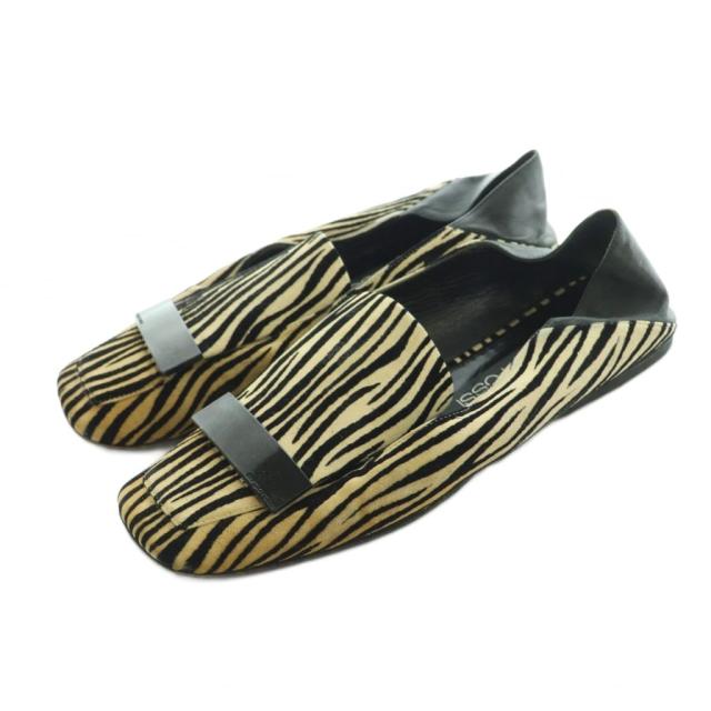 【中古】セルジオロッシ Sergio rossi SR1 ローファー ゼブラ柄 37.5 24.5cm ベージュ 黒 ブラック A77990 /MI ■OS レディース