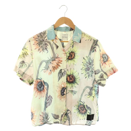 【中古】ポールスミス PAUL SMITH ヒマワリ柄 シャツ 半袖 リネン 40 アイボリー マルチカラー /ES ■OS レディース