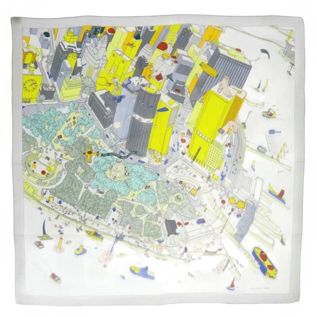 【中古】エルメス HERMES スカーフ カレ 90 The Battery New-York バッテリーニューヨーク シルク グレー ホワイト