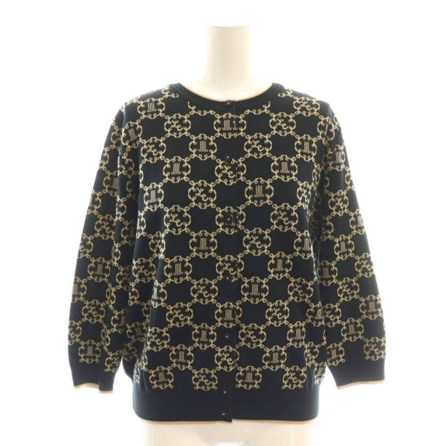【中古】ランバン LANVIN ロゴジャカード カーディガン 七分袖 38 黒 ブラック ベージュ ロゴ柄 総柄 2445838 /AQ