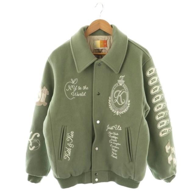 【中古】キス KITH MANTECO Varsity Jacket ボンバージャケット ブルゾン 刺繍 L スモークグリーン ホワイト /ES