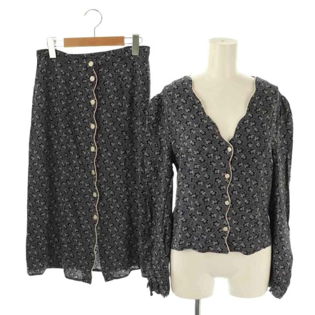 【中古】ルージュ Rouge セットアップ 小花柄 ブラウス スカート 38 ネイビー オフホワイト /DO ■OS レディース