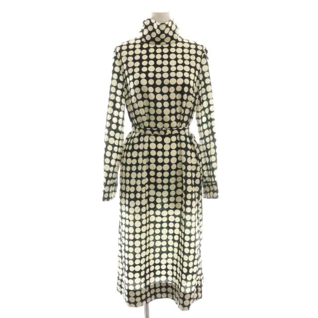 【中古】アナイ ANAYI 23AW カラードットプリント リボン ワンピース ミディ丈 34 ブラック オフホワイト