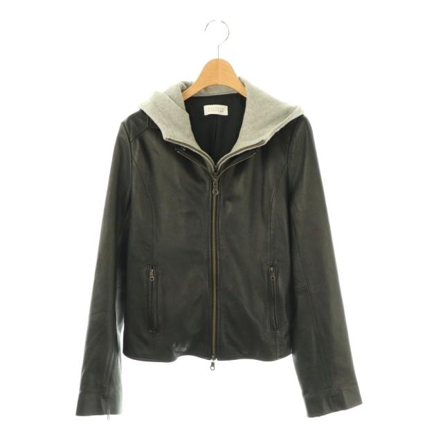 【中古】バーニーズニューヨーク ラムレザー 2way ライダース パーカー ジャケット ジップアップ 40 黒 グレー