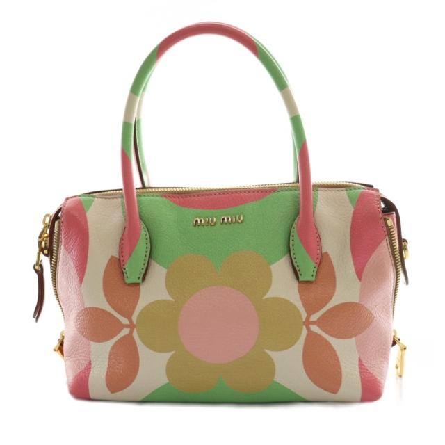 【中古】ミュウミュウ miumiu マドラスフラワー ハンドバッグ レザー マルチカラー ピンク 白 ホワイト /SS ■OS