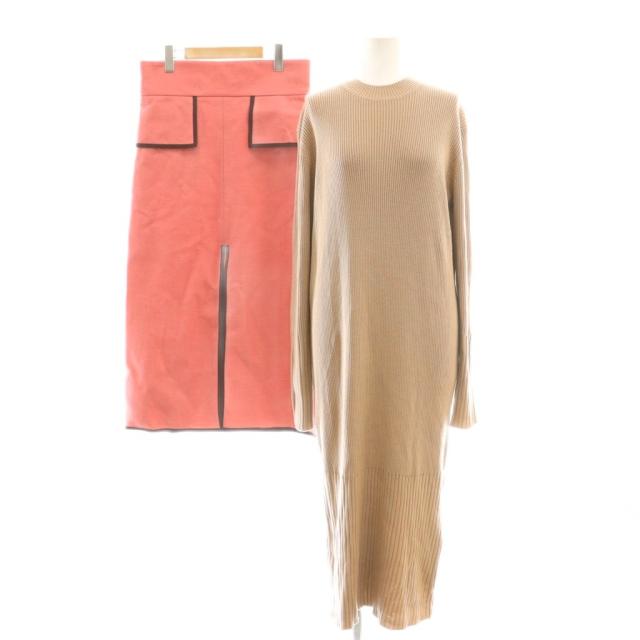 【中古】未使用品 アドーア ピンヘッドスムースレイヤードワンピース ロングスカート 2点セット 38 ベージュ ピンク