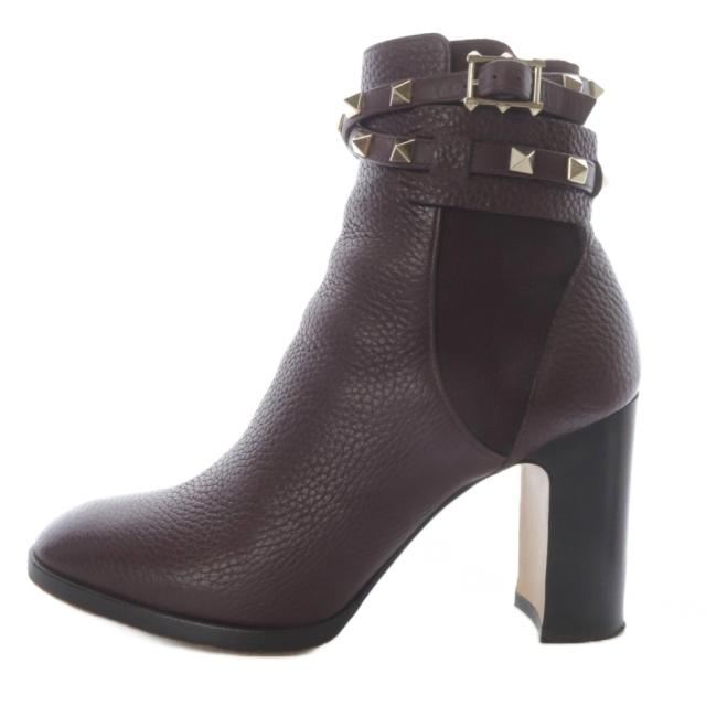 【中古】ヴァレンティノ ヴァレンチノ  VALENTINO ブーツ ショート ハイヒール スタッズ ベルト レザー 36.5 ボルドー