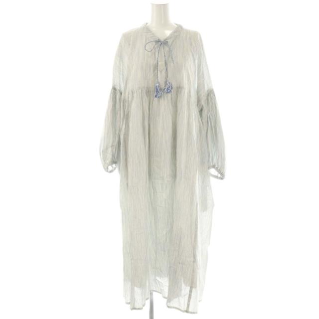 【中古】ハウス オブ ロータス ストライプ柄Vネックワンピース ロング 長袖 M オフホワイト ブルー /DO ■OS