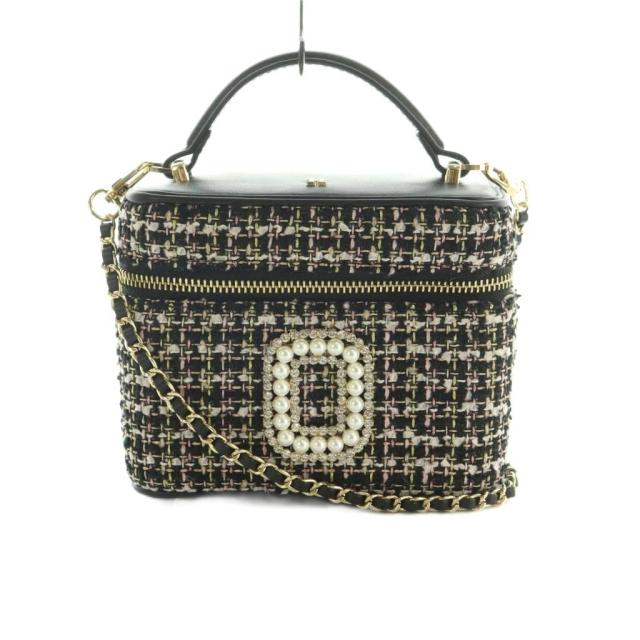 【中古】ハーリップトゥ Tweed Crystal Vanity Bag 2WAY ショルダーバッグ ハンドバッグ 黒 ピンク ゴールドカラー