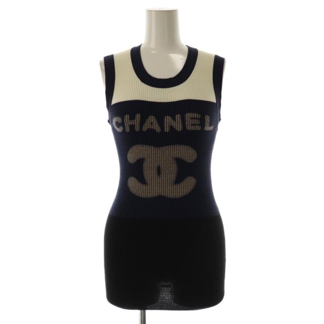 【中古】シャネル CHANEL P40691K02967 ロゴニットタンクトップ カットソー ノースリーブ 38 白 紺 黒 ベージュ
